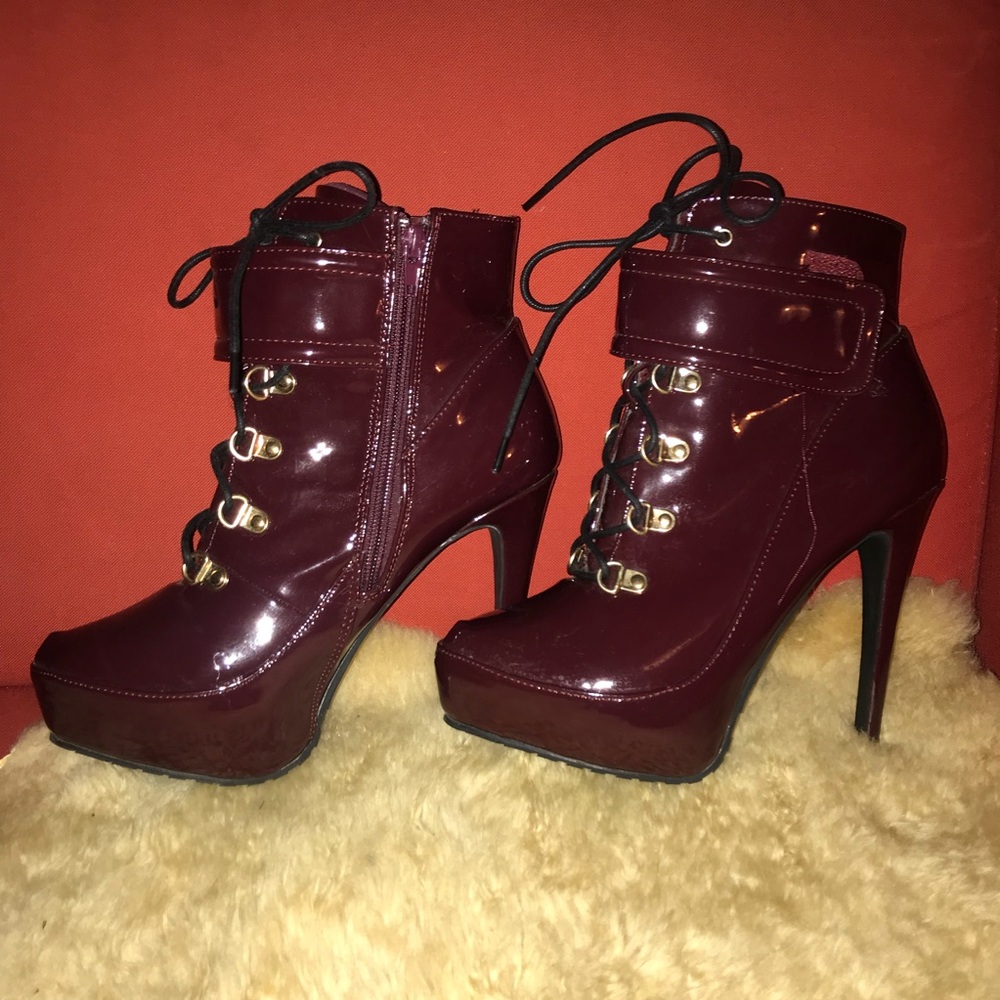 Burgundy Patent Leather Stiletto Boots - Gem